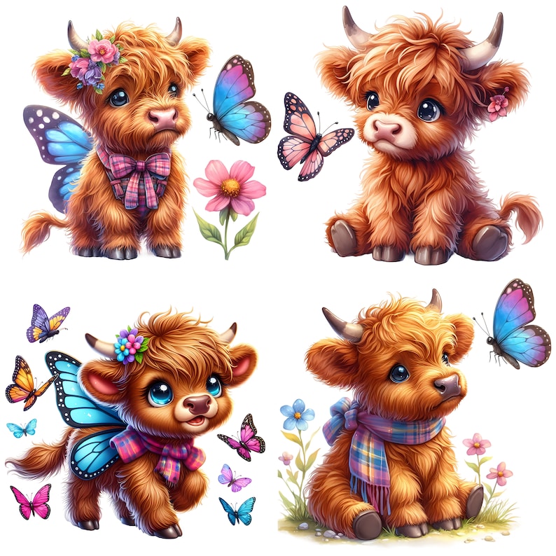 Highland Cow Butterfly Clipart, Cute Cartoon Highland Cows Butterflies ...