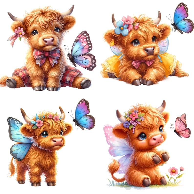 Highland Cow Butterfly Clipart, Cute Cartoon Highland Cows Butterflies ...