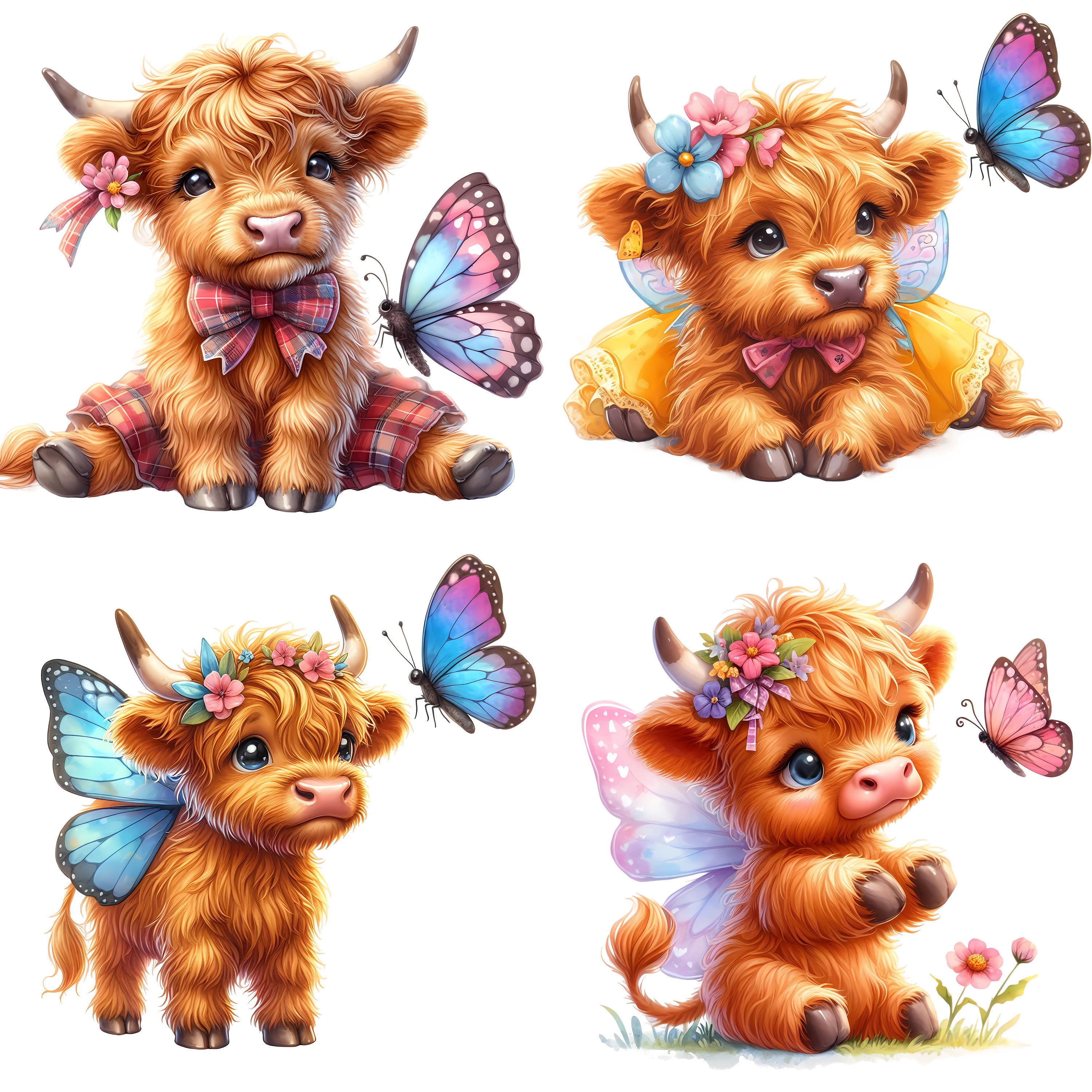 Highland Cow Butterfly Clipart, Cute Cartoon Highland Cows Butterflies ...
