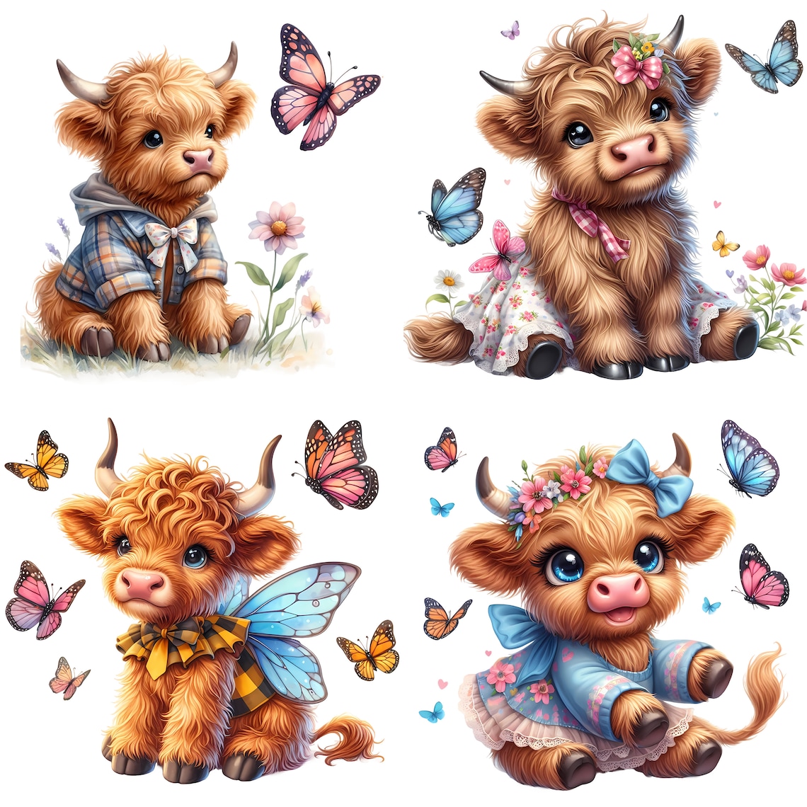 Highland Cow Butterfly Clipart, Cute Cartoon Highland Cows Butterflies ...
