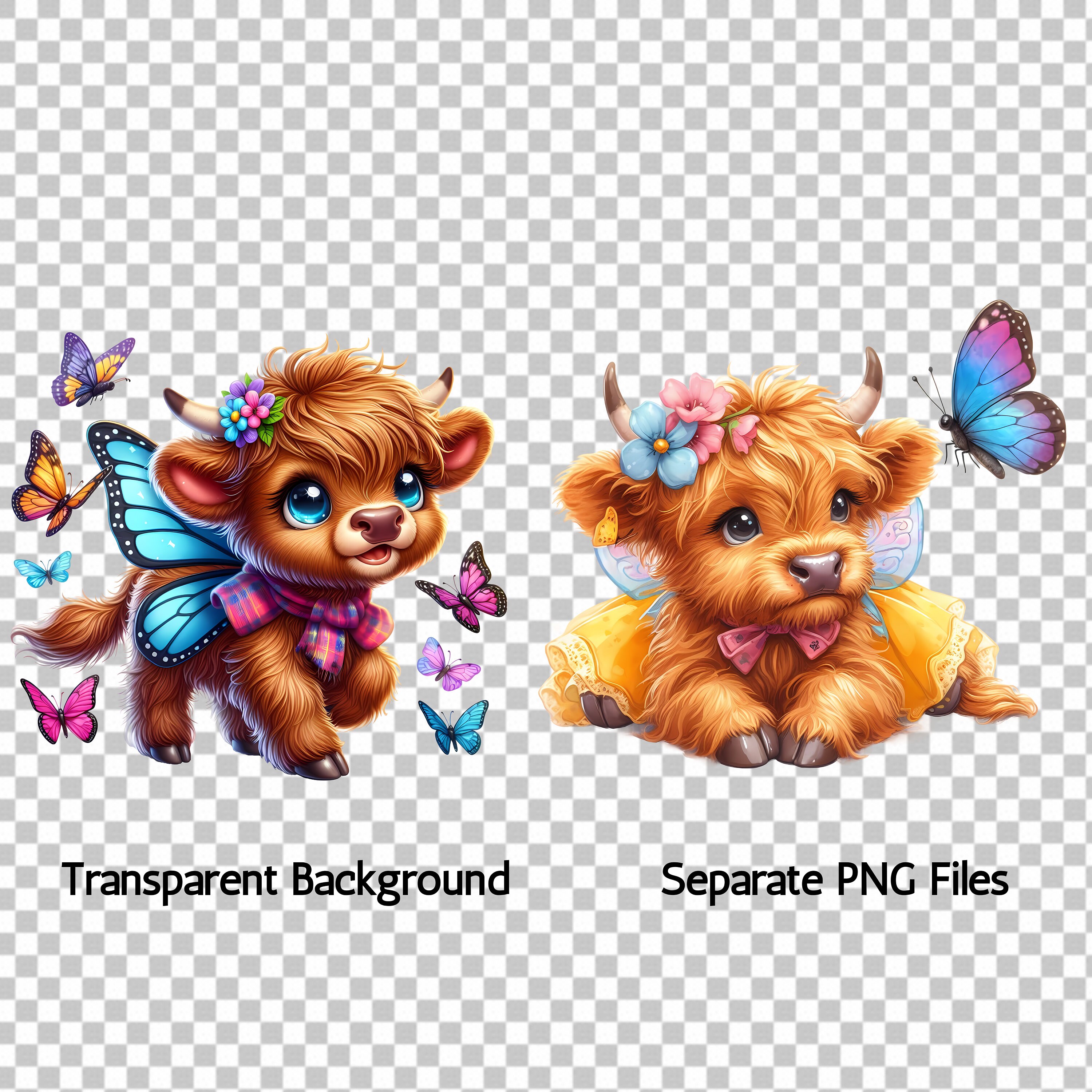 Highland Cow Butterfly Clipart, Cute Cartoon PNG (digital Download ...