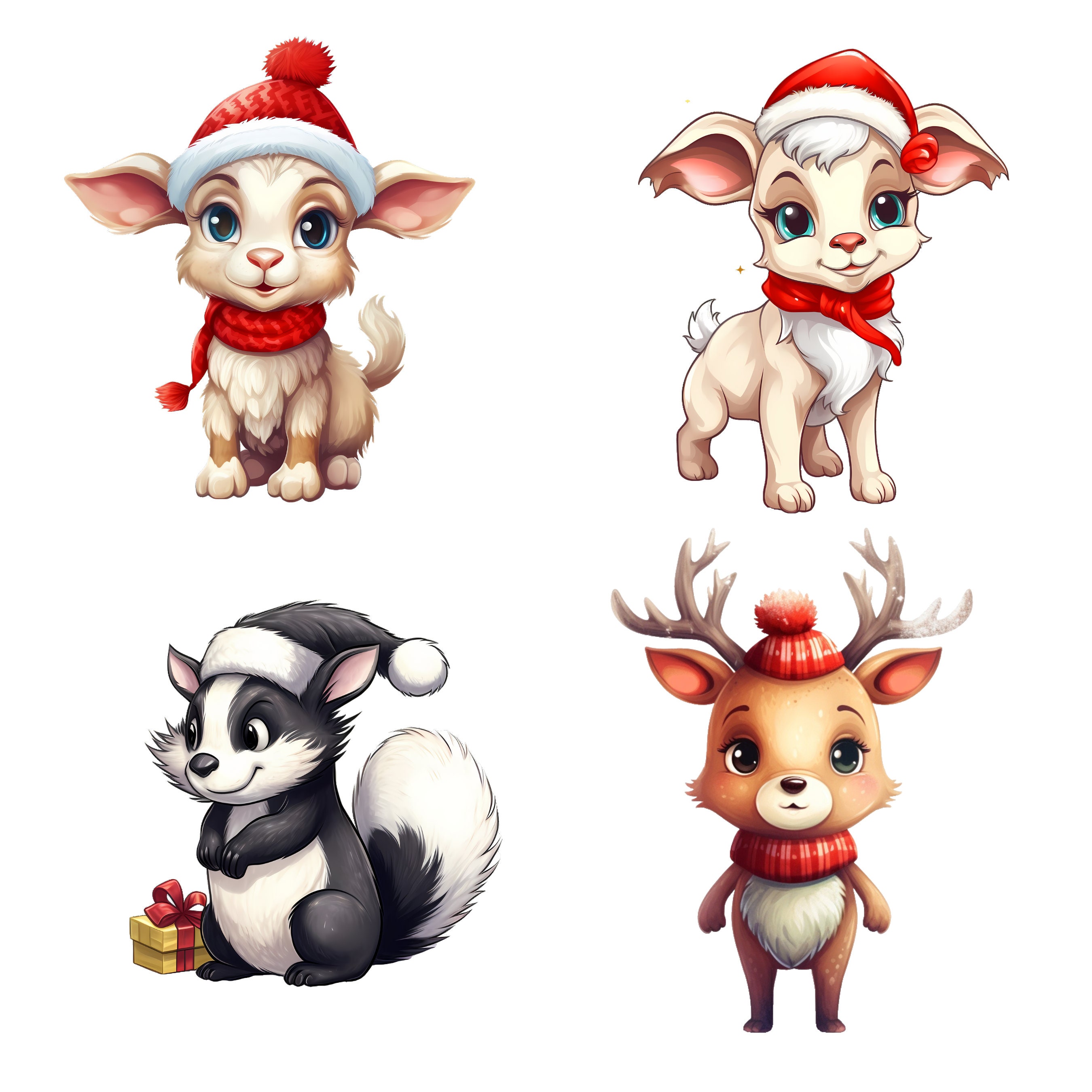 Christmas Animals Clipart Cute Santa Animal Art Cat Dog Rabbit Owl Pig ...
