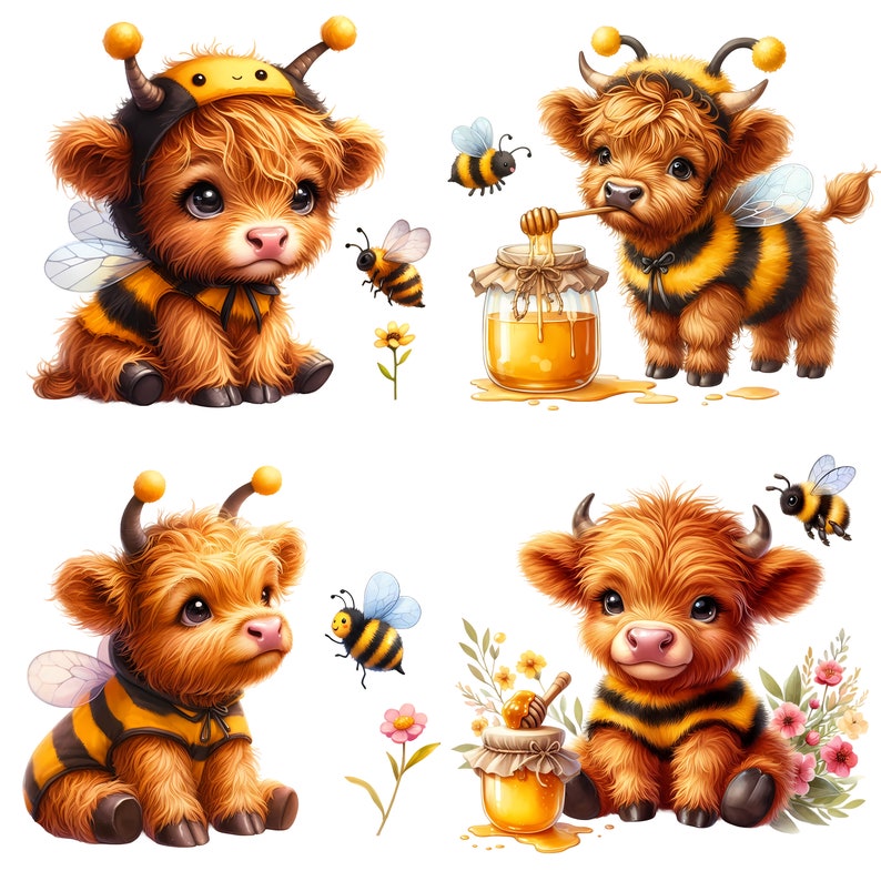 Highland Cow Bee Clipart Cute Cartoon Highland Cow Bee Clip Art Png ...