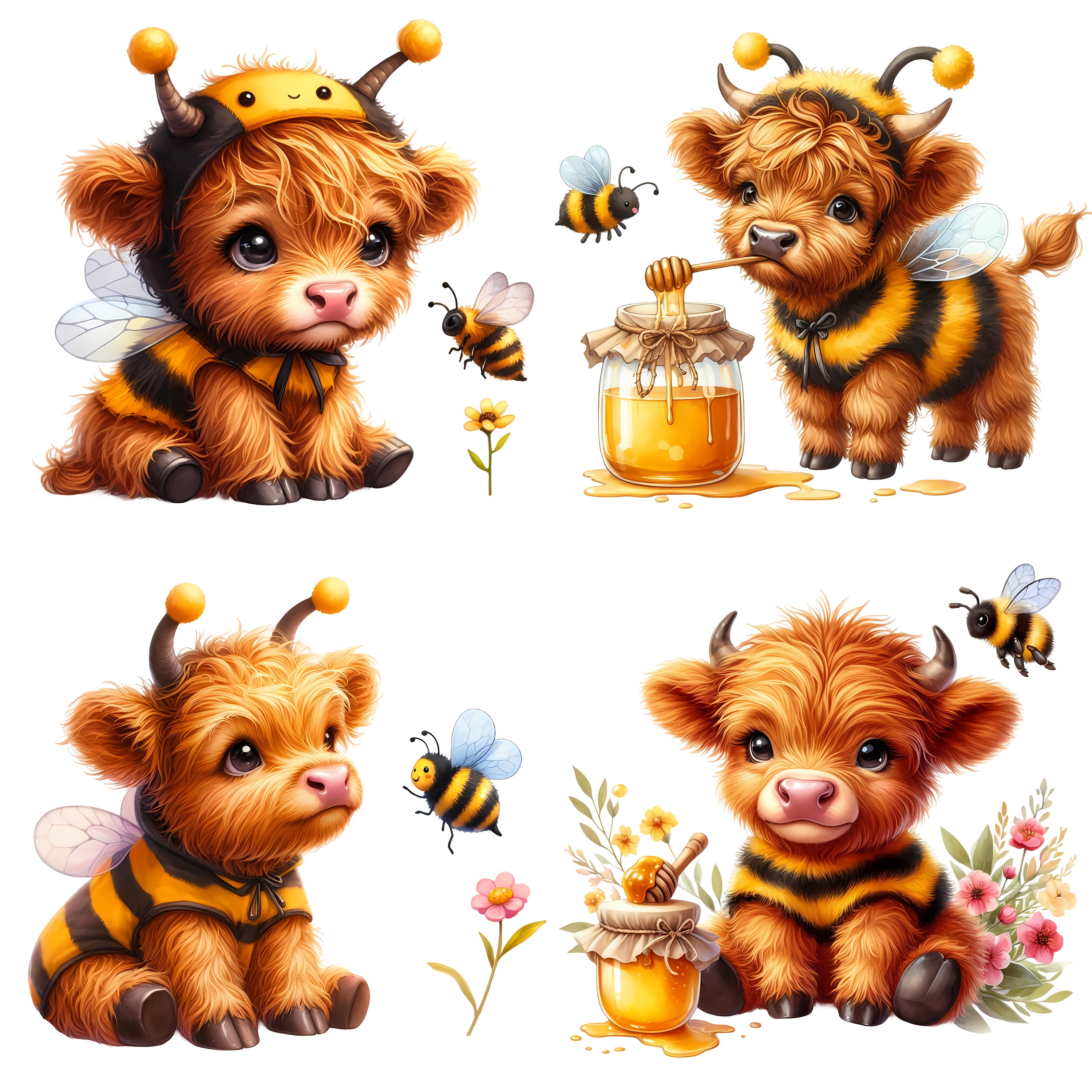 Highland Cow Bee Clipart Cute Cartoon Highland Cow Bee Clip Art Png ...