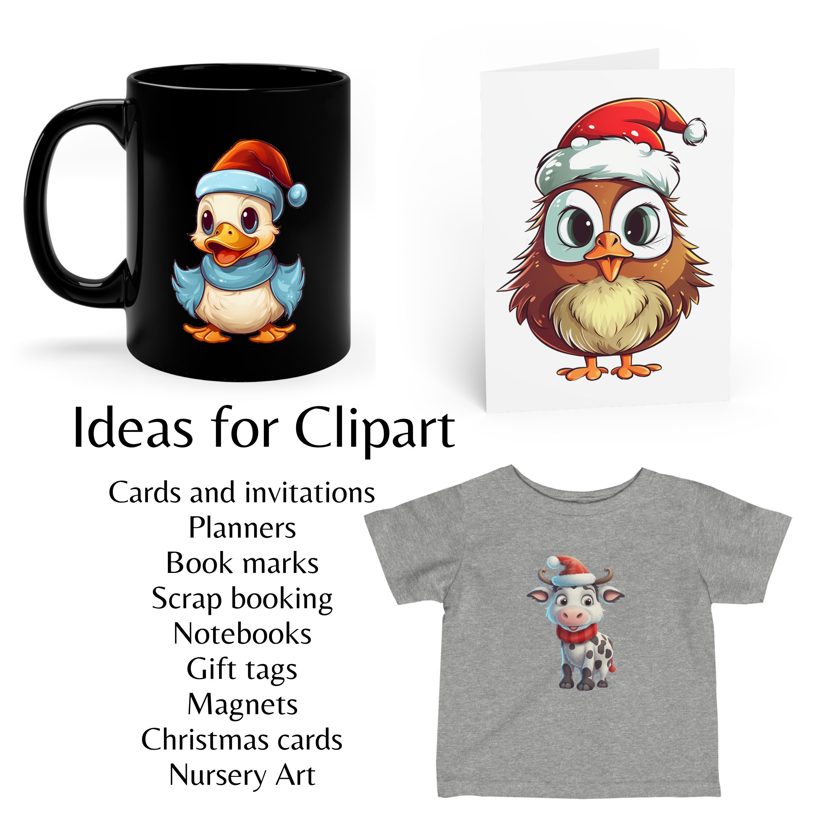 Christmas Animals Clipart Cute Santa Animal Art Cat Dog Rabbit Owl Pig ...