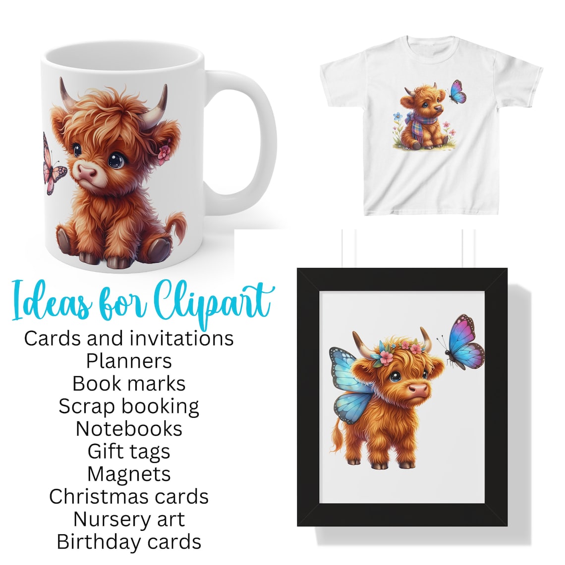 Highland Cow Butterfly Clipart, Cute Cartoon Highland Cows Butterflies ...