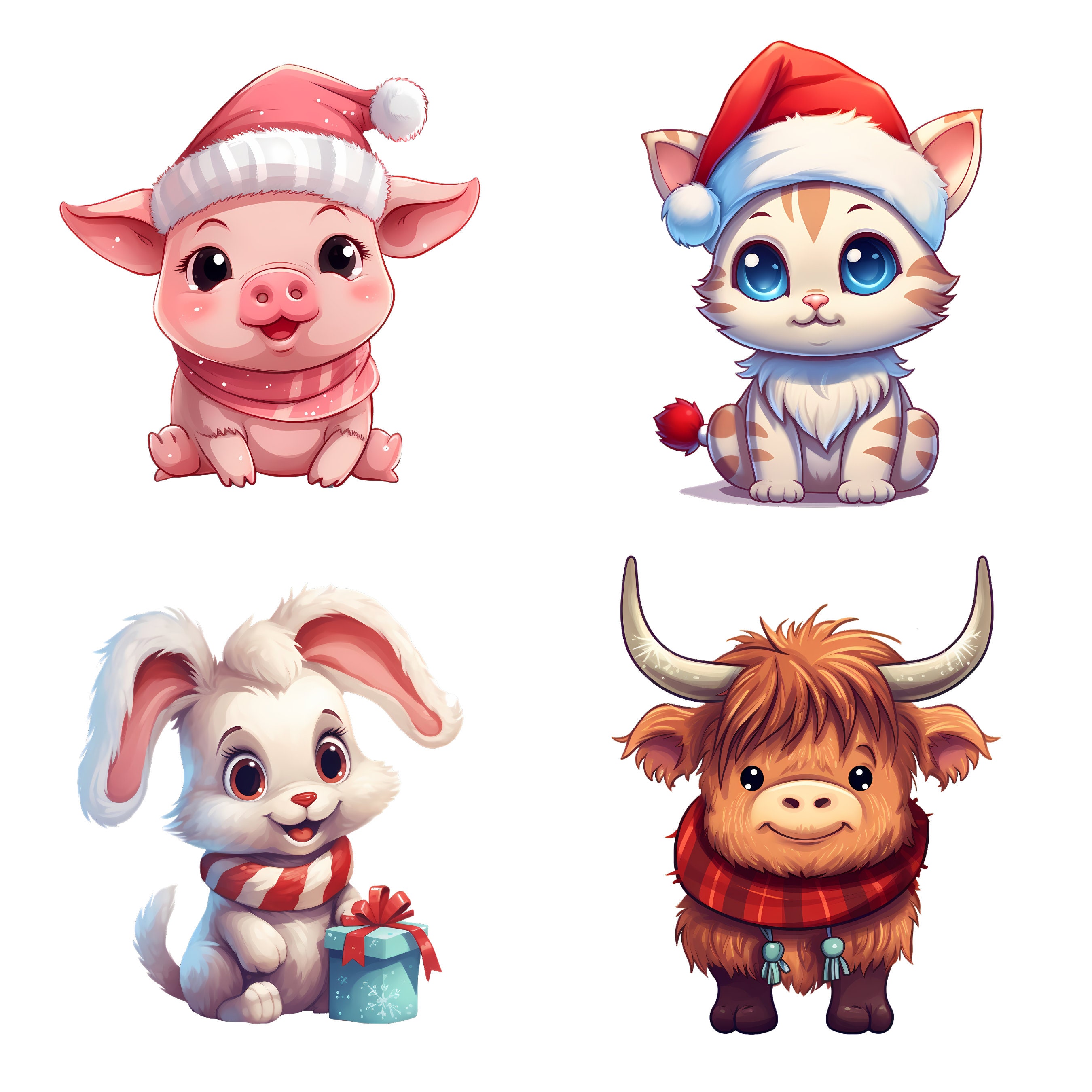 Christmas Animals Clipart Cute Santa Animal Art Cat Dog Rabbit Owl Pig ...