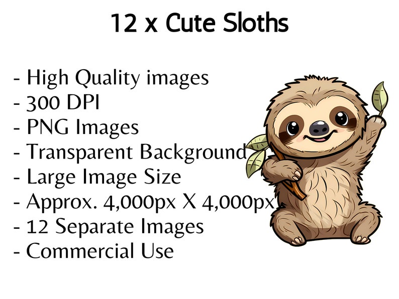 Sloth Clipart, Cute Sloth Cartoon Png Digital Download Print on Demand ...