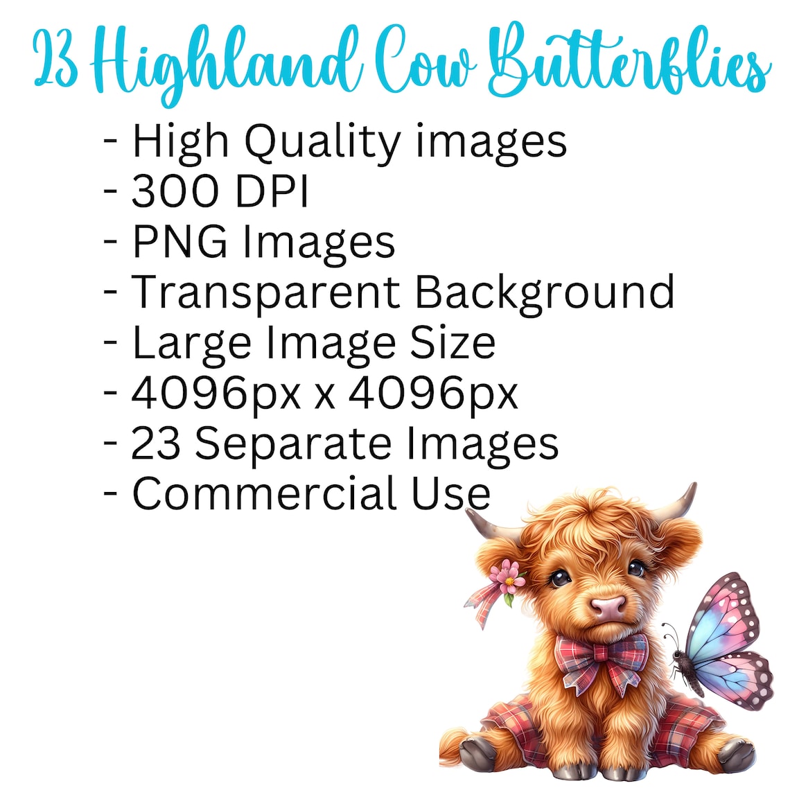 Highland Cow Butterfly Clipart, Cute Cartoon Highland Cows Butterflies ...