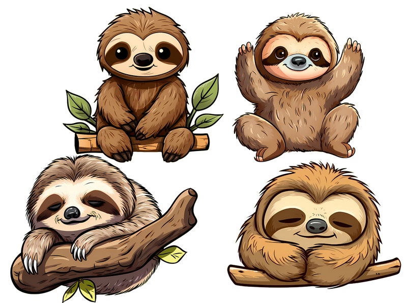 Sloth Clipart, Cute Sloth Cartoon Png Digital Download Print on Demand ...