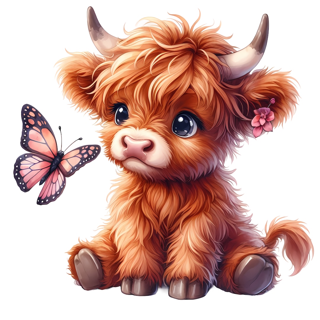 Highland Cow Butterfly Clipart, Cute Cartoon Highland Cows Butterflies ...
