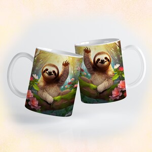 Cute Sloth Mug Wrap, Smiling Sloth and Flowers Sublimation PNG, 11 Oz ...