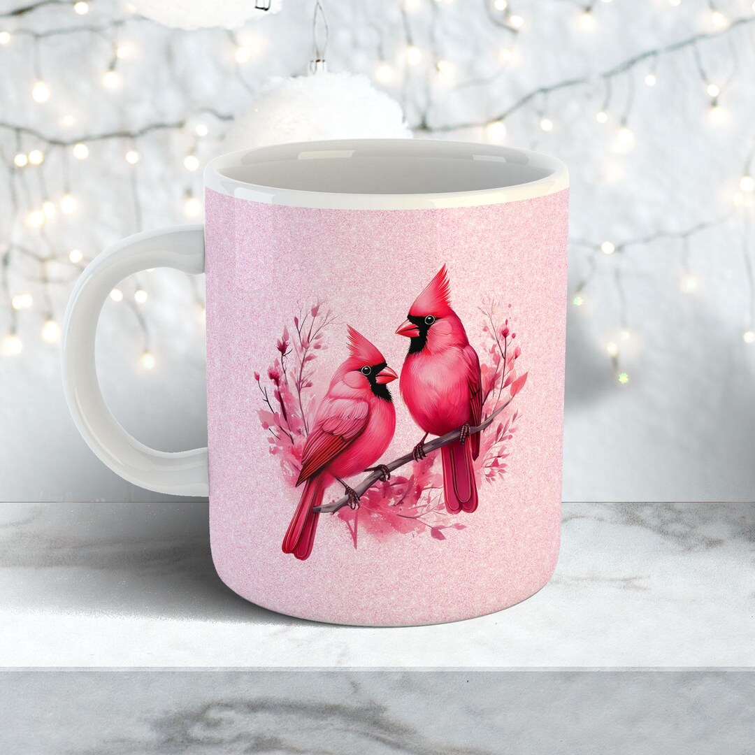 Pink Glitter Cardinal Mug Wrap PNG, 11 Oz & 15 Oz Sublimation Template ...