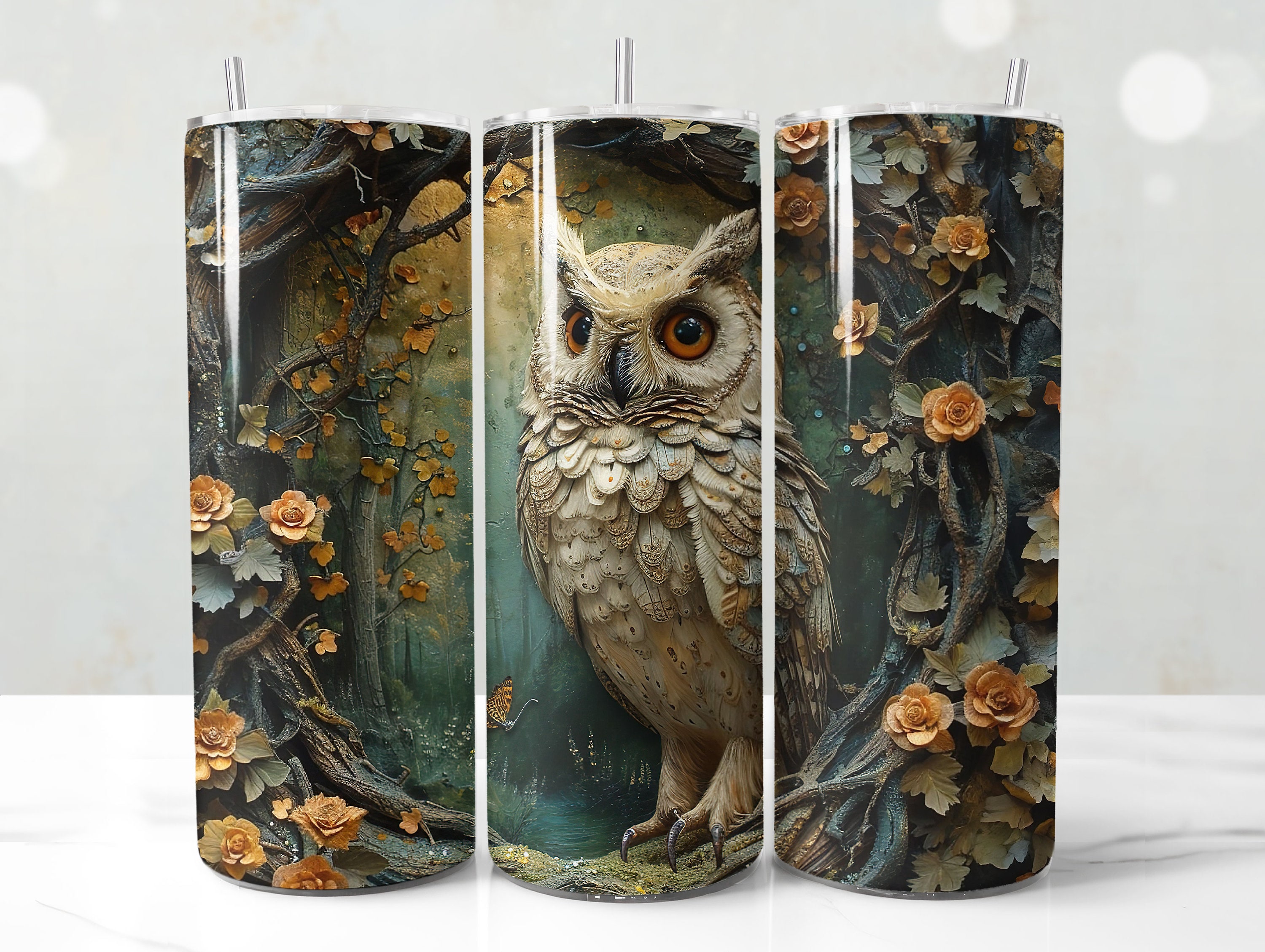 3D Owl in the Enchanted Forest Tumbler Wrap, 20oz Seamless Tumbler Wrap ...