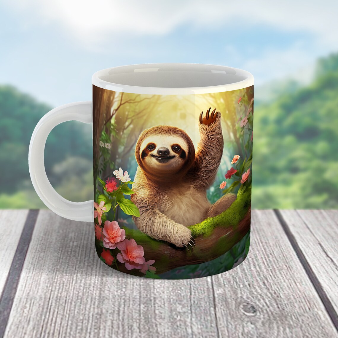 Cute Sloth Mug Wrap, Smiling Sloth and Flowers Sublimation PNG, 11 Oz ...