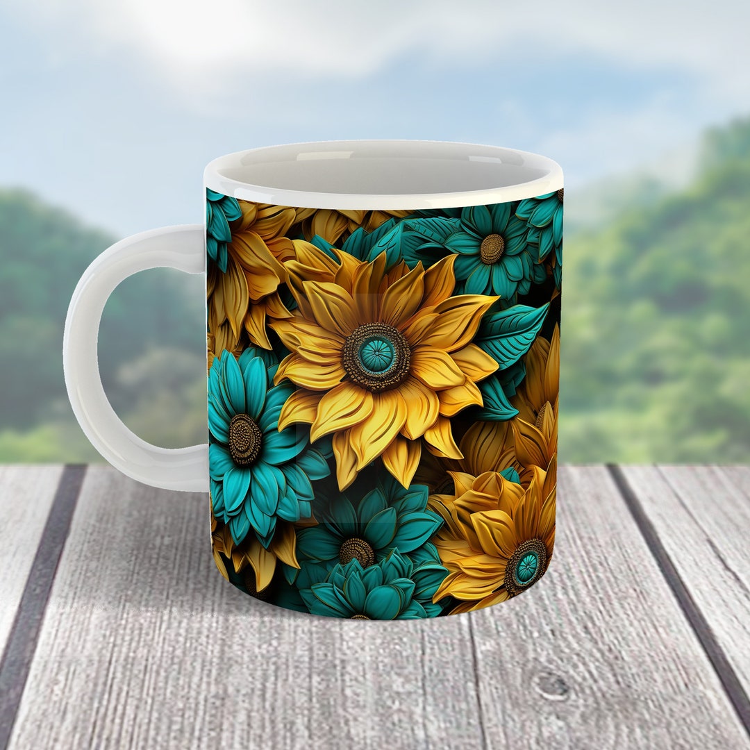 Yellow and Teal Sunflower 3D Mug Wrap, 3D Flower Mug PNG for ...