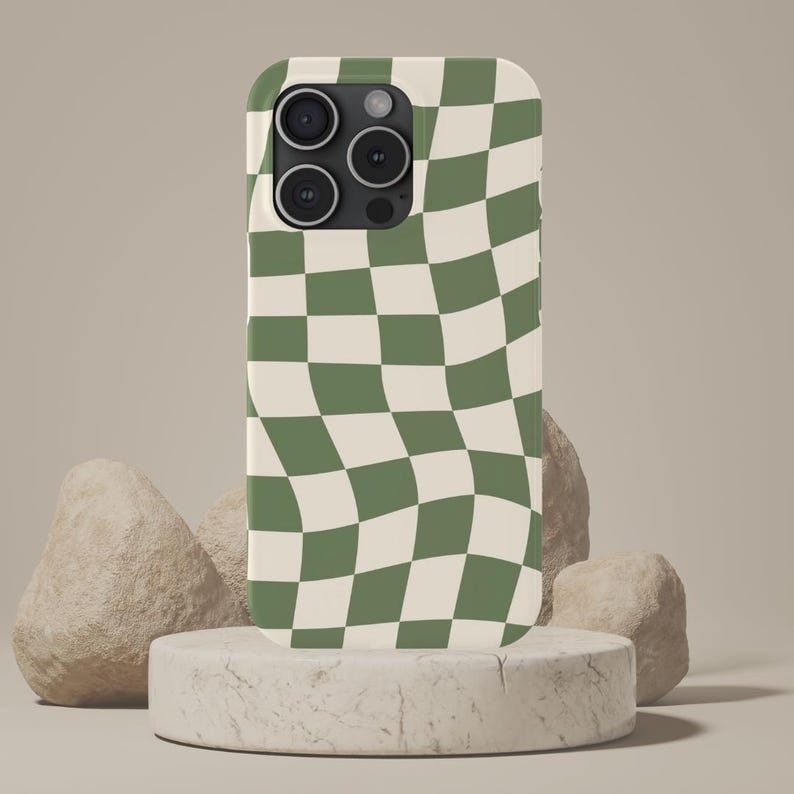 Sage Green Wavy Checkered Print Phone Case, Aesthetic Phone Case ...