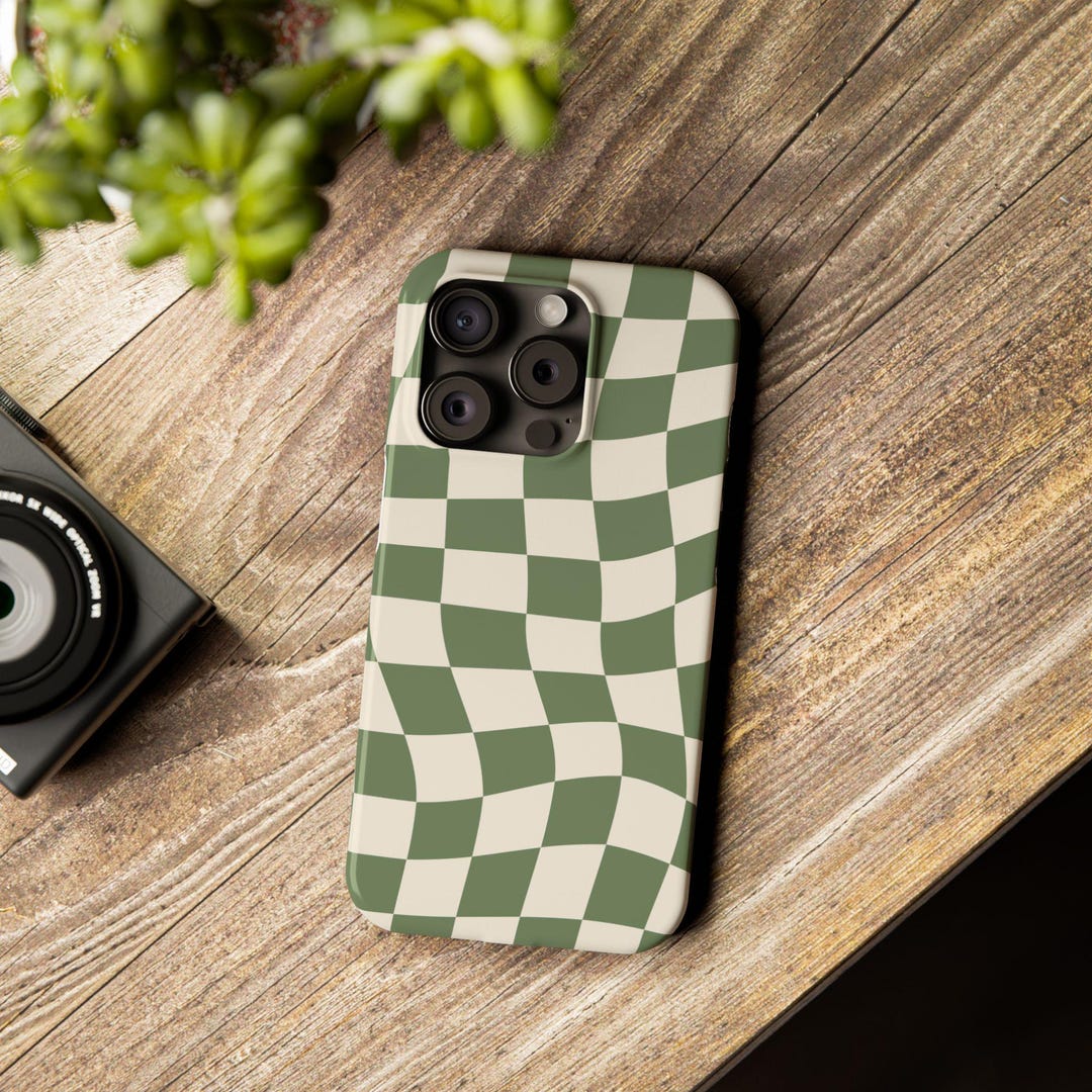 Sage Green Wavy Checkered Print Phone Case, Aesthetic Phone Case ...