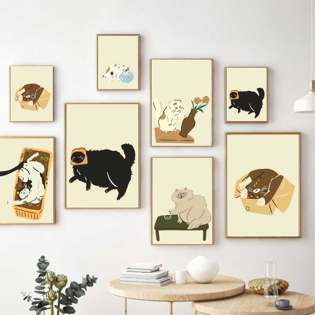 Cute and Funny Cats Wall Set of 6, Cats Llover Gifts, Trendy Wall Art ...