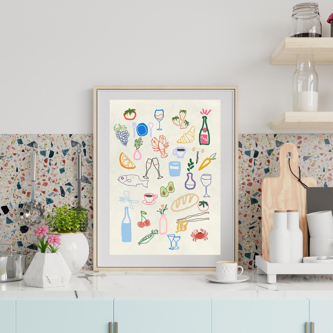 Retro Dinner Table Print, Food and Drinks Illustrations Poster ...