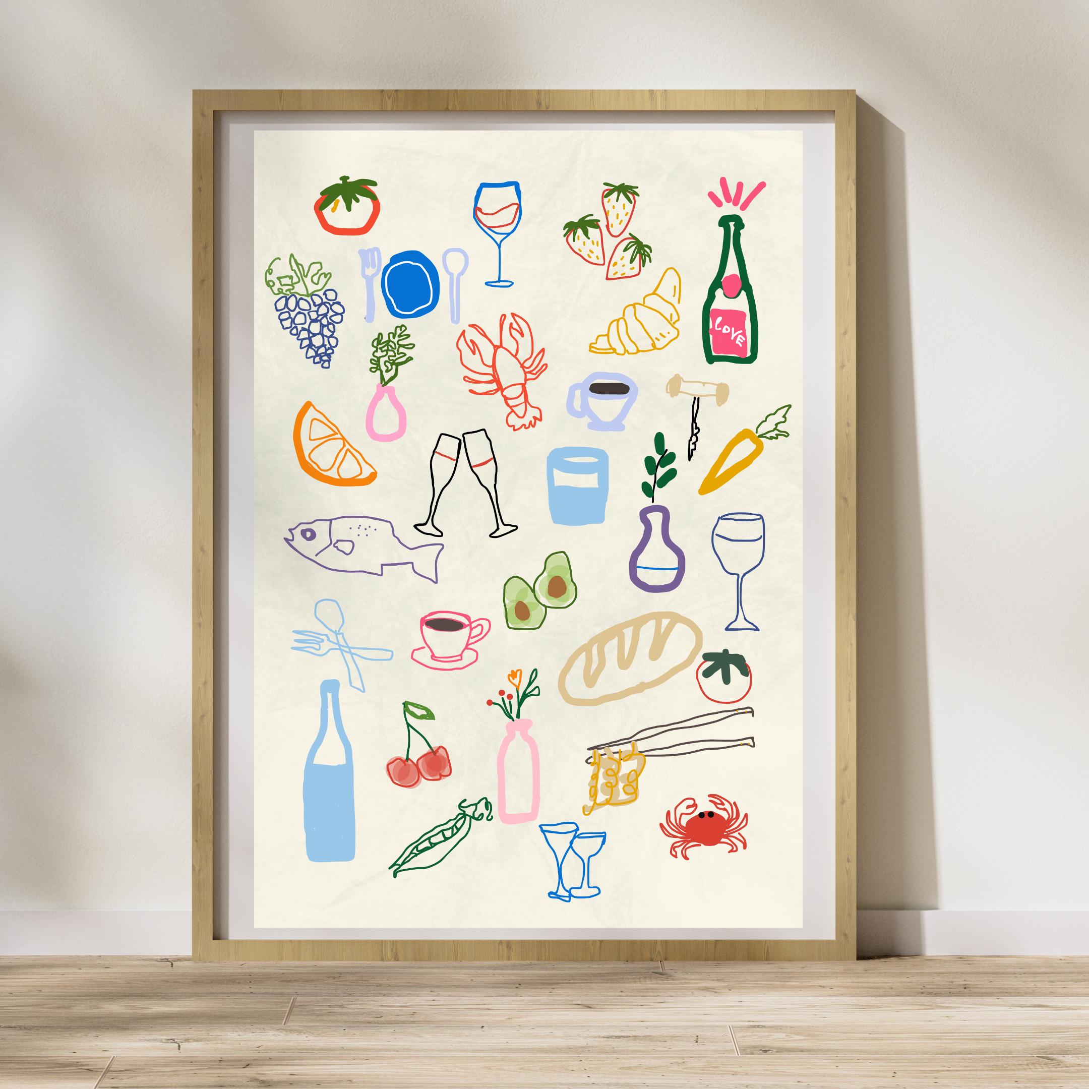 Retro Dinner Table Print, Food and Drinks Illustrations Poster ...