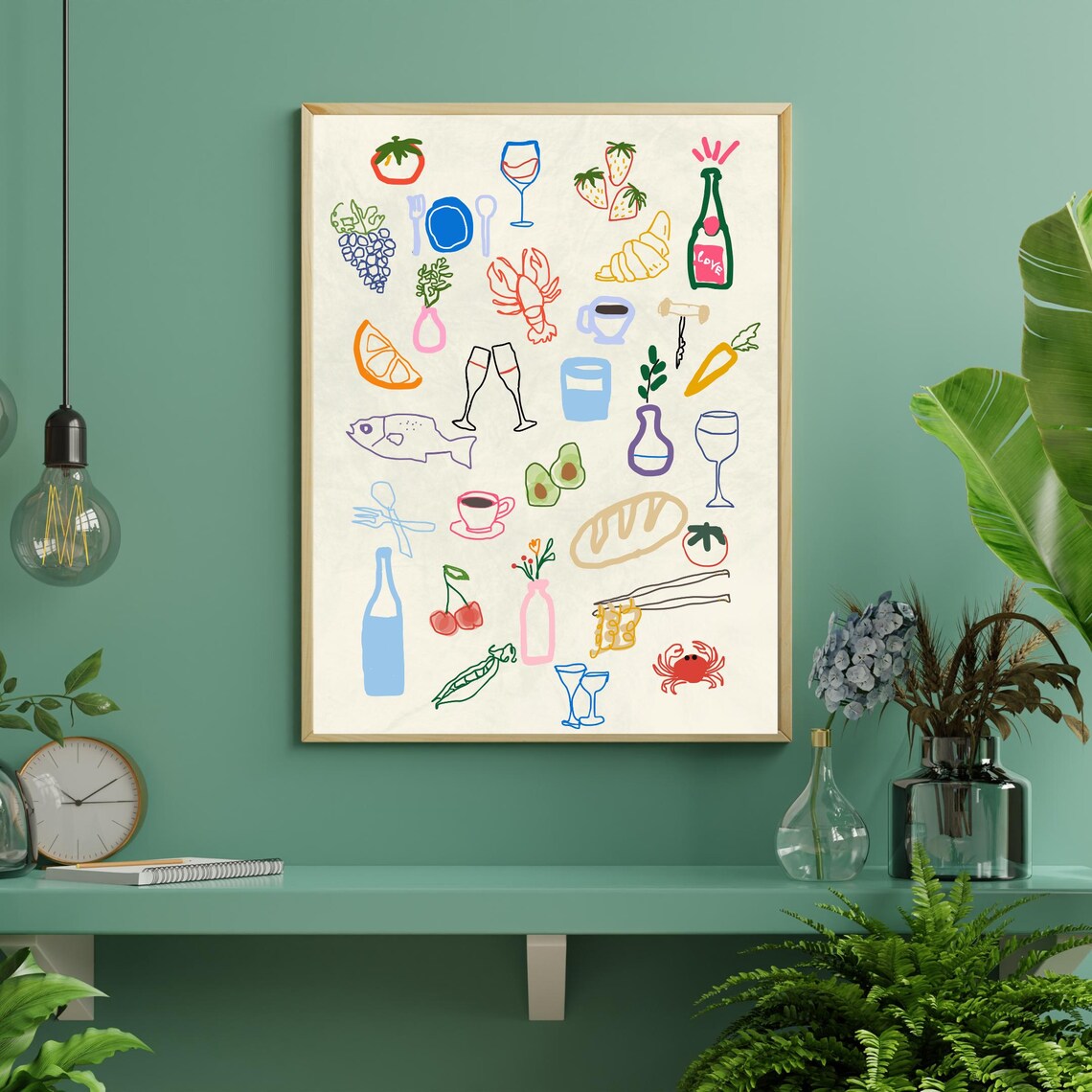 Retro Dinner Table Print, Food and Drinks Illustrations Poster ...