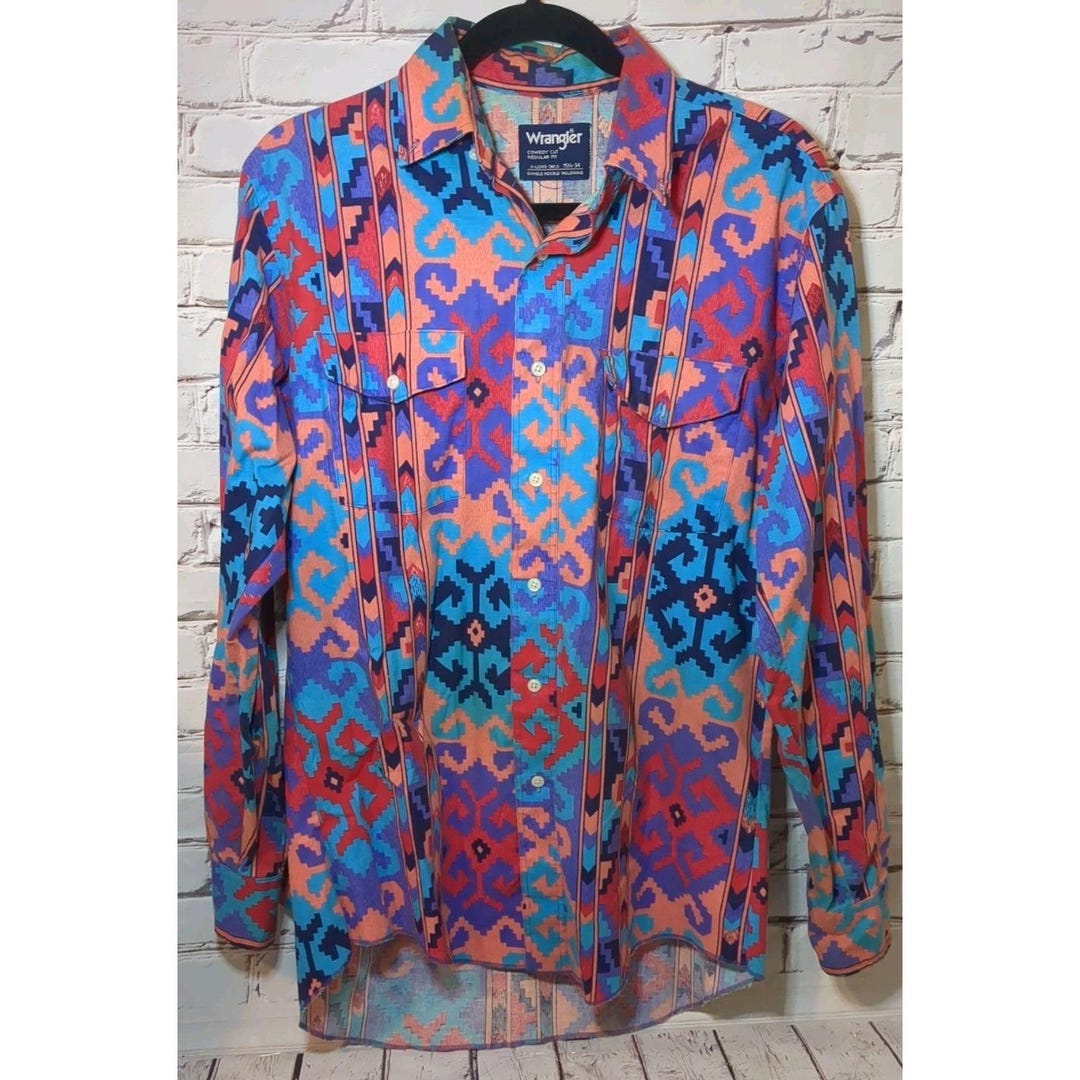 Vtg Wrangler Mens Western Cowboy Aztec Shirt Classic 15 1/2 - 34 100% ...