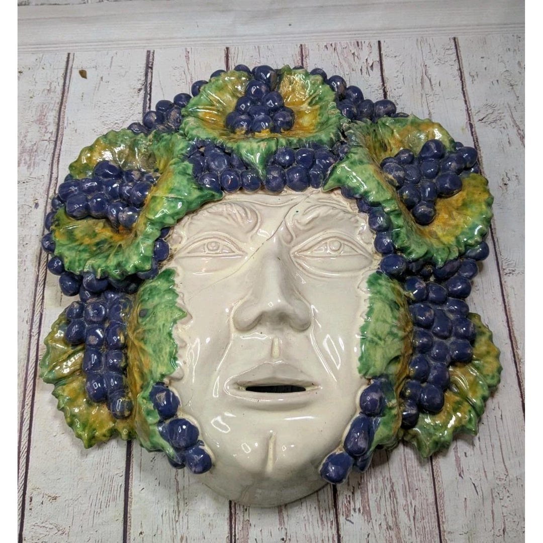 Vintage Italian Majolica Tuscan Pottery Bacchus Mask Large Wall Hanging ...