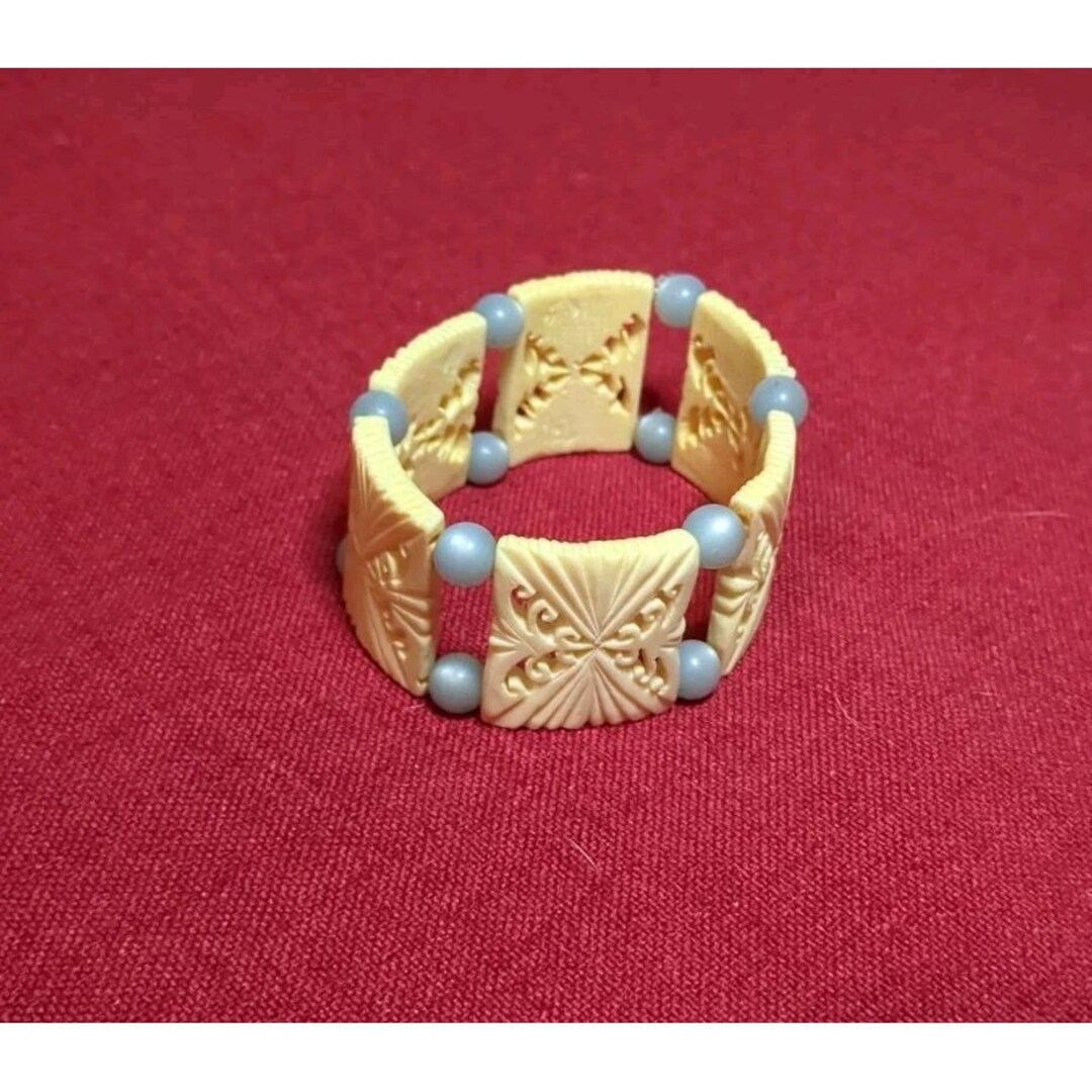 Vintage Carved Bovine Bone Tile Panels & Beads Stretch Bracelet ...