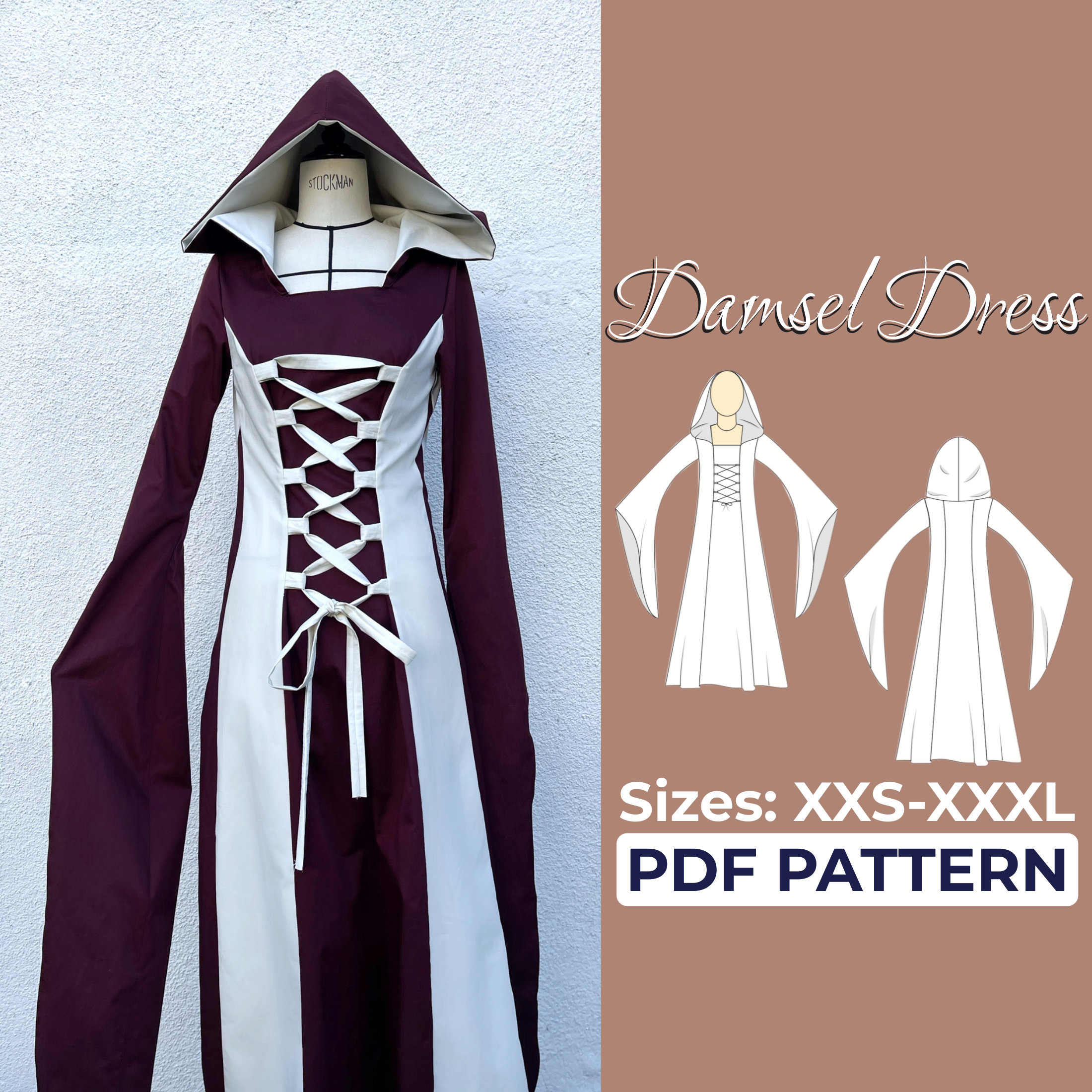 Hooded Medieval Dress Sewing Pattern, Long Bell Sleeve Maxi Dress ...