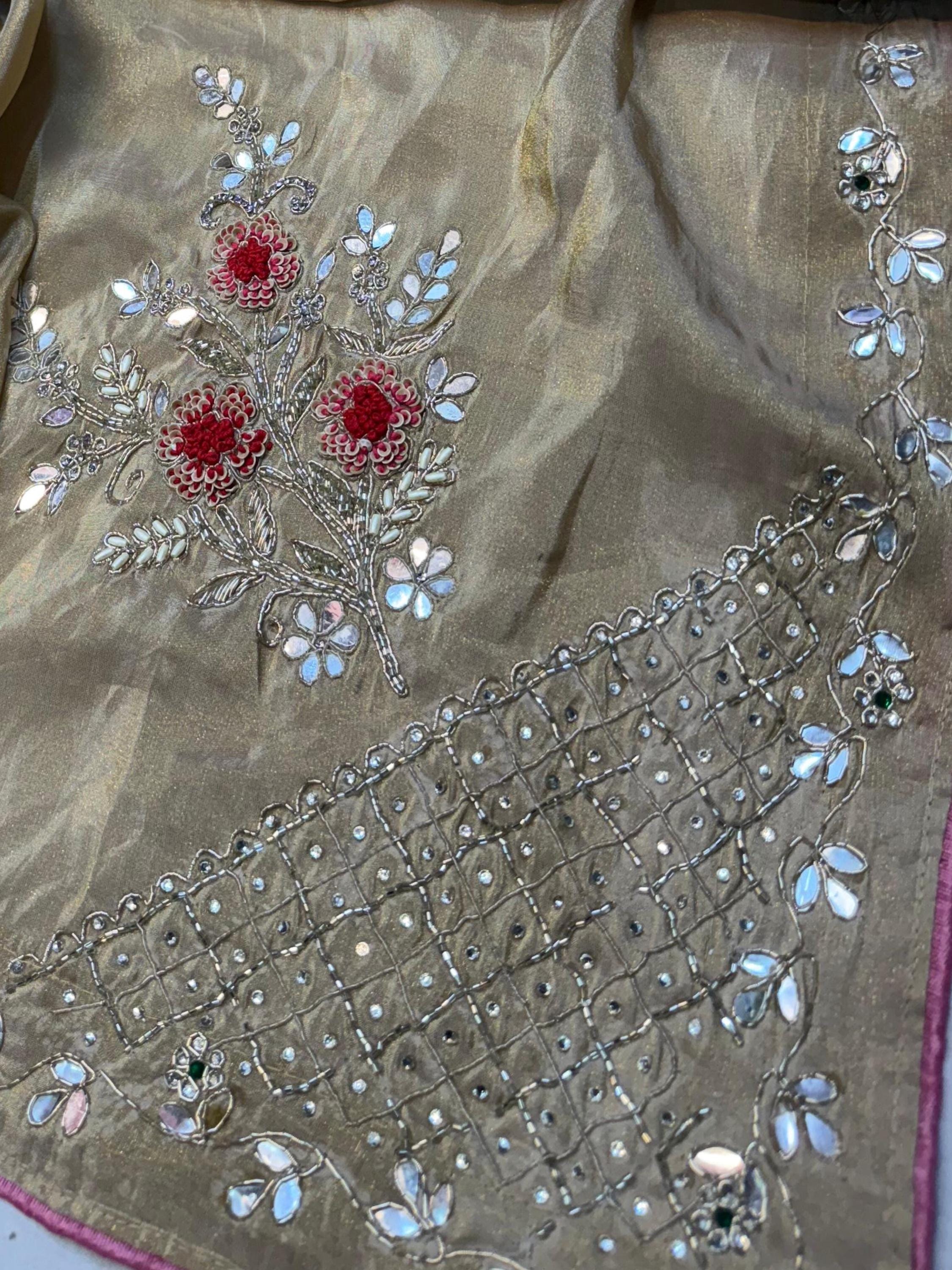 Indian Cosmo Tissue Silk Golden Saree With Hand Embroidery Zardozi ...