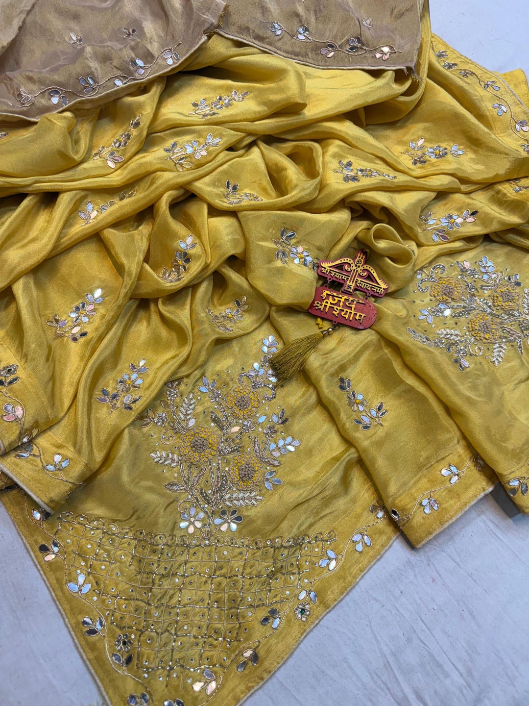 Indian Tissue Silk Yellow Saree Hand Embroidery Zardozi Gotta Patti ...