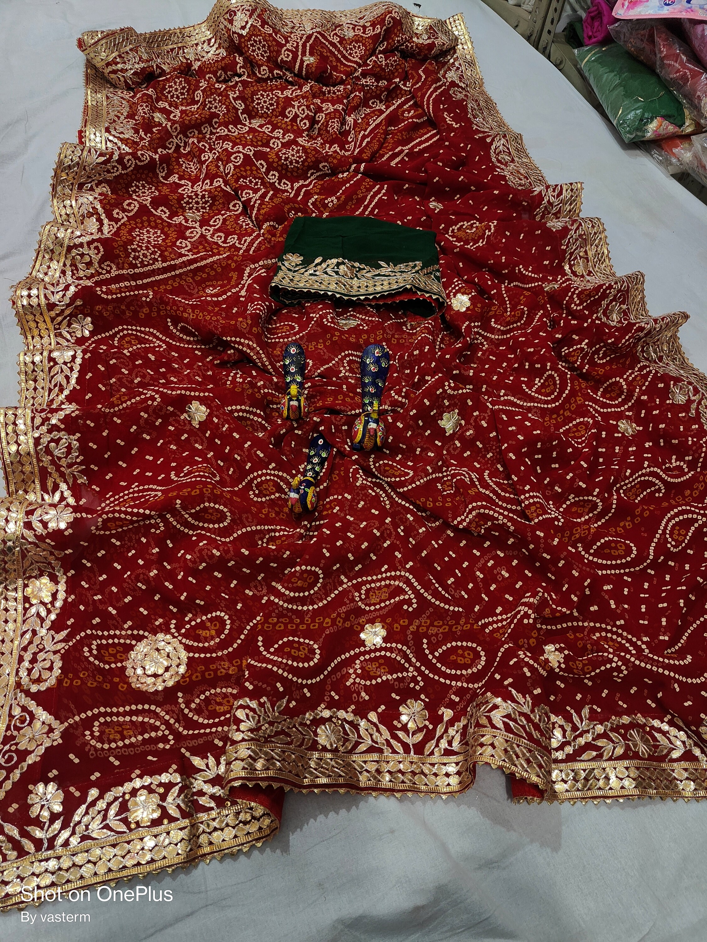 Red Bandhani Saree With Gotta Patti Work Sari, Indian Bridal Wear ...