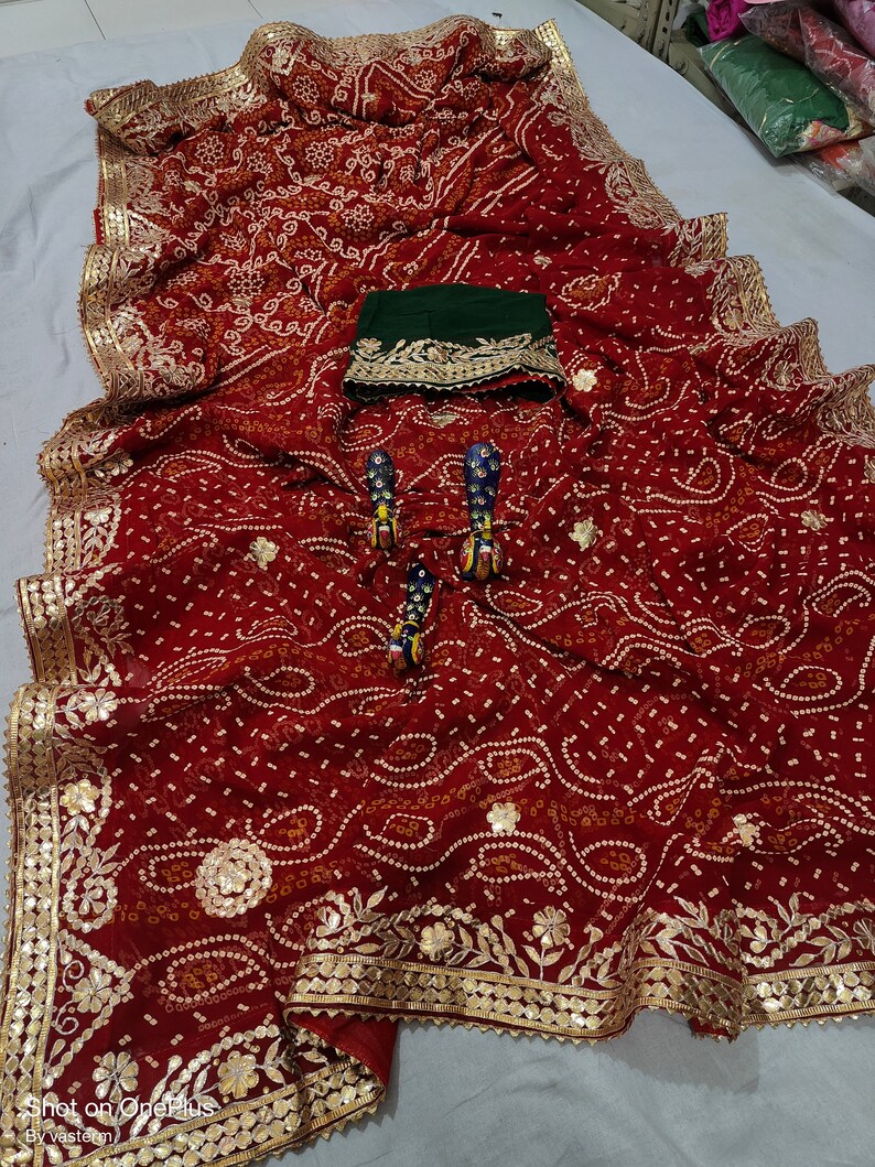Red Bandhani Saree With Gotta Patti Work Sari, Indian Bridal Wear ...