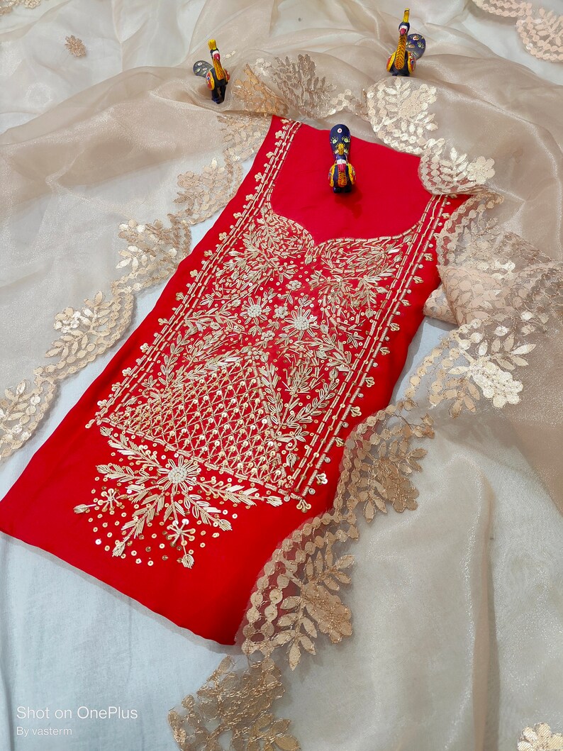 Handmade Red Color Gotta Patti Neck Work Suit, Indian Wedding Wear ...