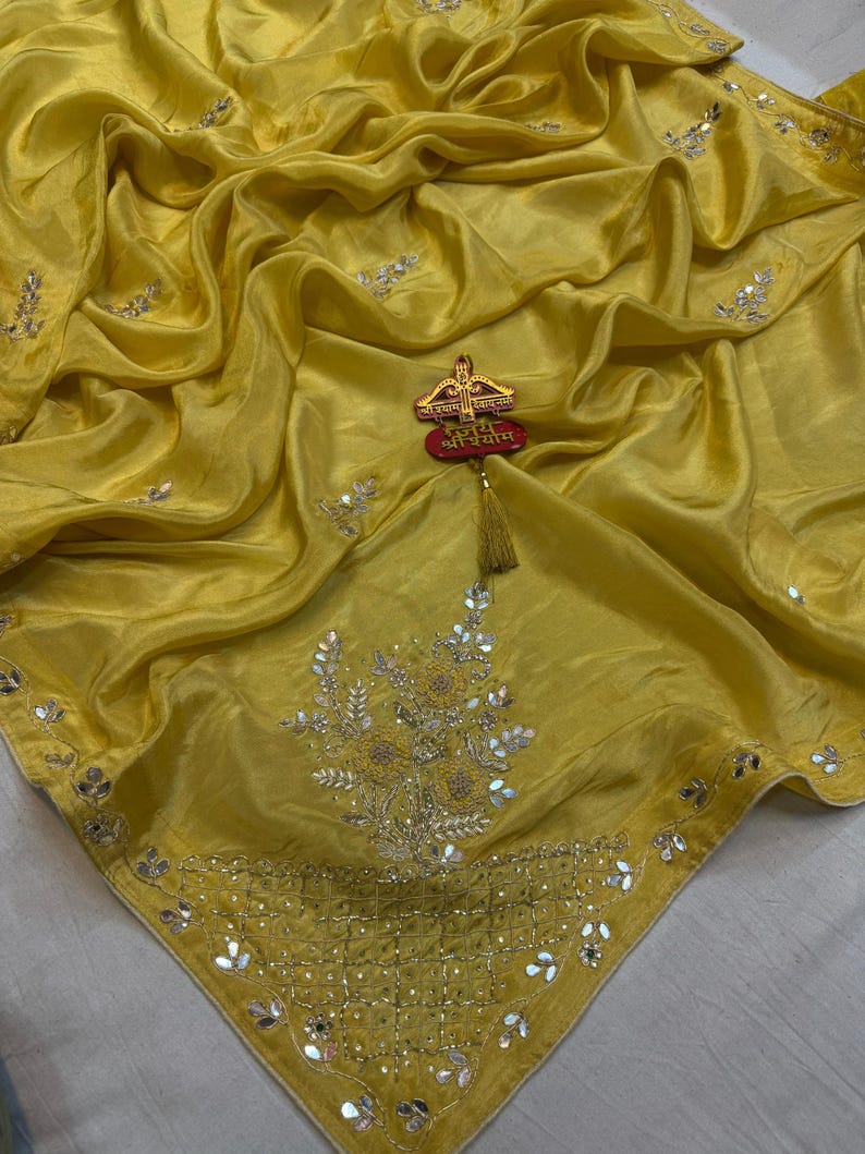 Indian Tissue Silk Yellow Saree Hand Embroidery Zardozi Gotta Patti ...