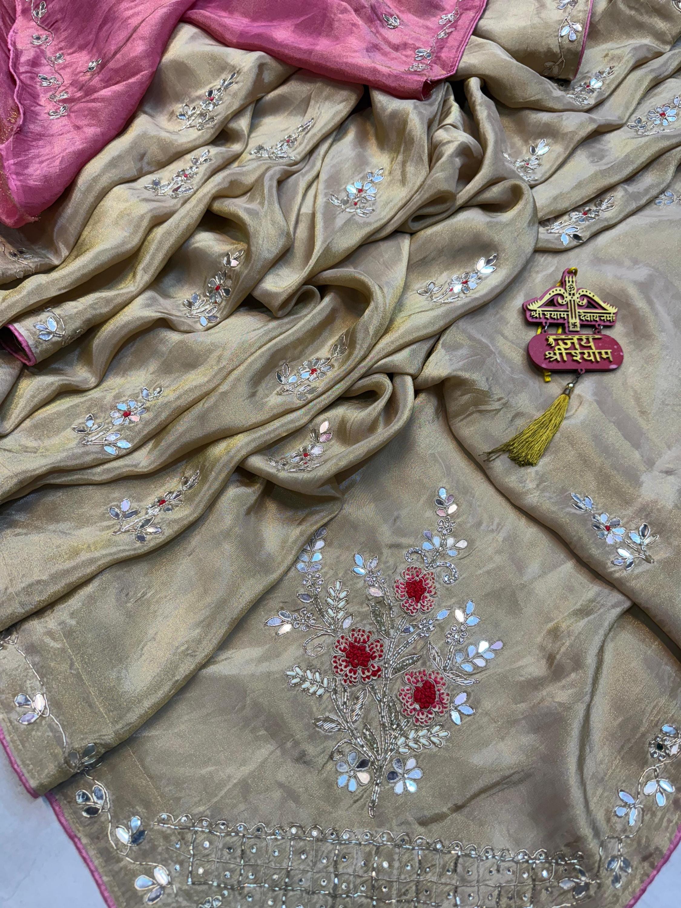 Indian Cosmo Tissue Silk Golden Saree With Hand Embroidery Zardozi ...