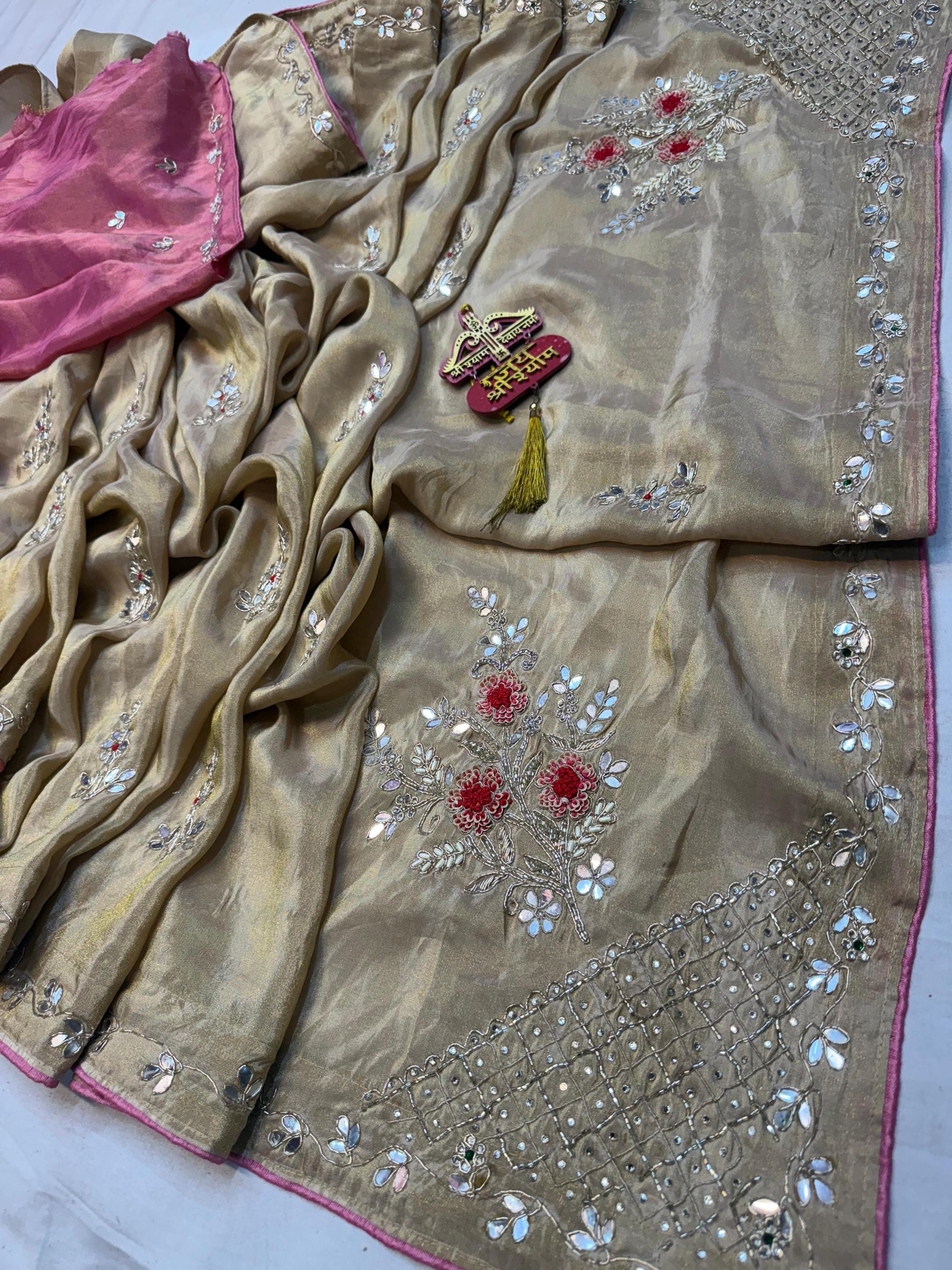 Indian Cosmo Tissue Silk Golden Saree With Hand Embroidery Zardozi ...