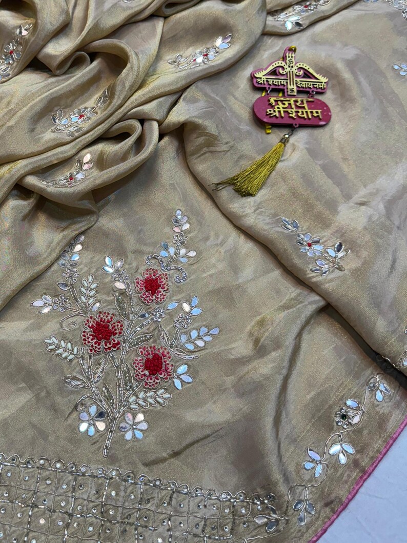 Indian Cosmo Tissue Silk Golden Saree With Hand Embroidery Zardozi ...
