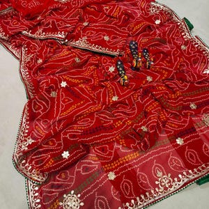 Red Saree | Indian Rajasthani Chunri Bandhej Saree | Hand Gotta Patti ...