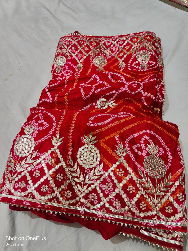 Saree de seda Gajji rojo, bordado a mano Gotta Patti, Gharchola nupcial ...