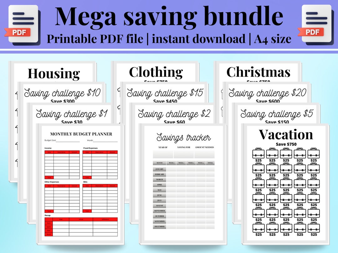 Saving Challenge Bundle A4 Printable Mega Saving Bundle Printable A4 Savings Tracker Money ...