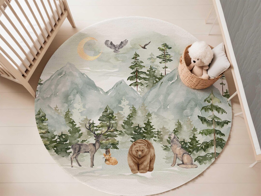 Mountain Nursery Area Rug | 5-foot Round Area Rug | Forest Animal ...