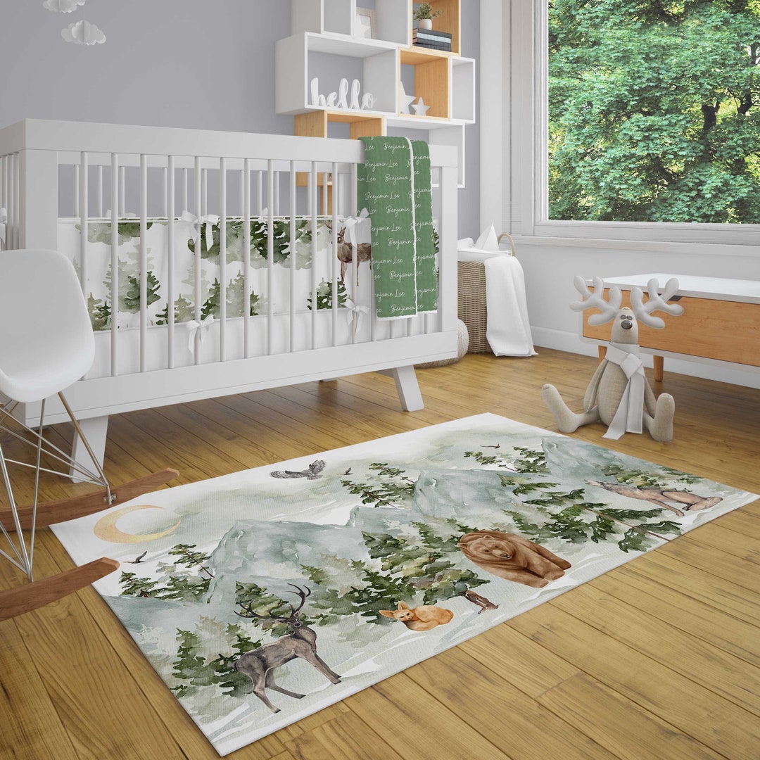 Mountain Nursery and Kids' Bedroom Area Rug Woodland Animal Nursery Rug ...