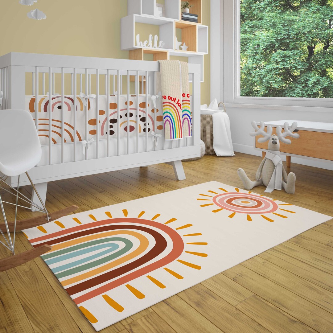 Rainbows and Sunshine Nursery and Kids' Bedroom Area Rug Boho Rainbow ...