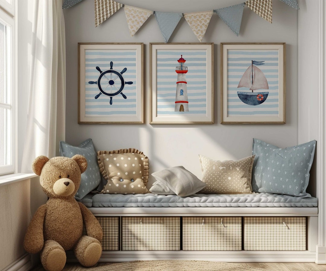 Nautical Nursery Art Set: Watercolor Lighthouse, Sailboat & Helm Prints - Etsy