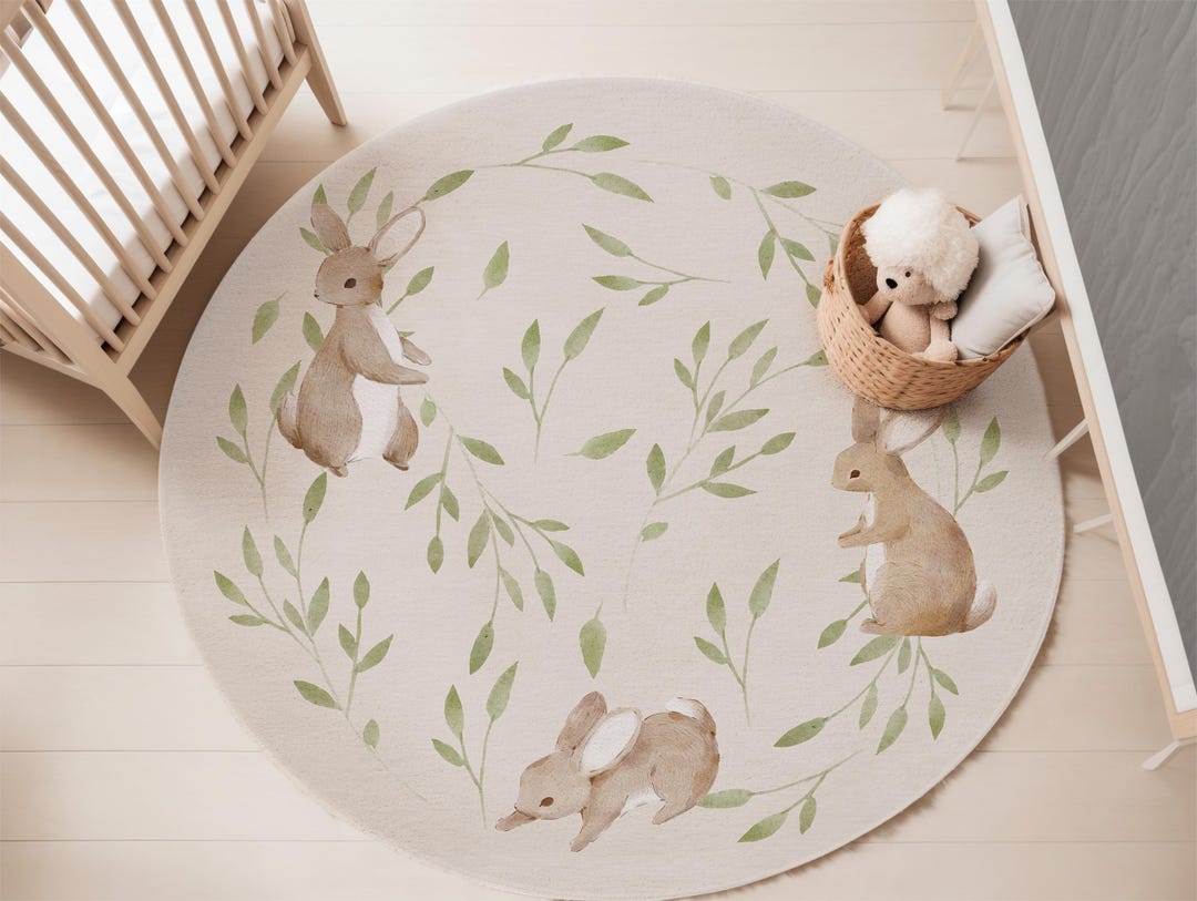 Bunny Rabbit Nursery Area Rug | 5-foot Round Area Rug | Forest Nursery ...