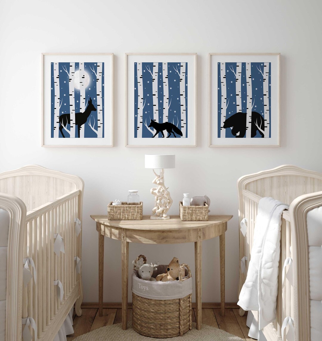 Birch Tree Night Sky Forest Animal Nursery Wall Art Prints, Buck Fox ...