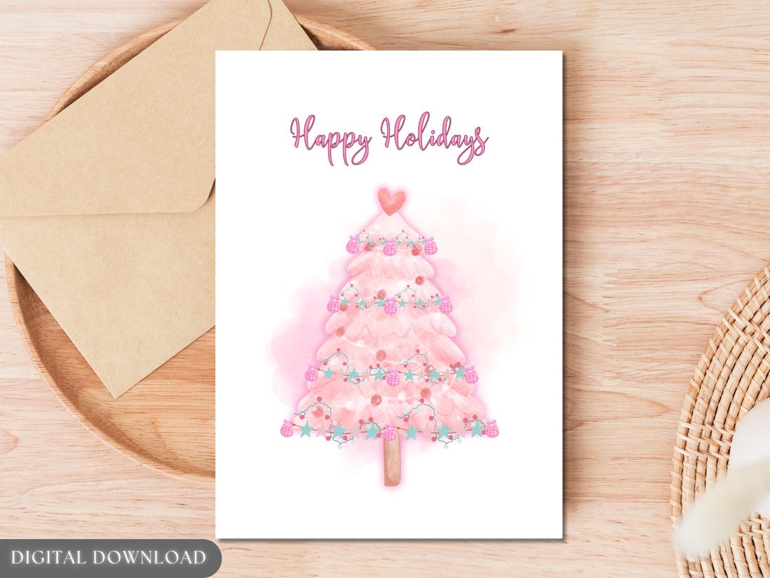 Digital Christmas Card, Pink Christmas Tree Design, Simple Blank ...