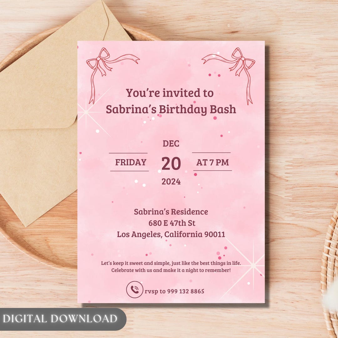Pink Birthday Bash Party Invitation Personalized Printable Pink ...